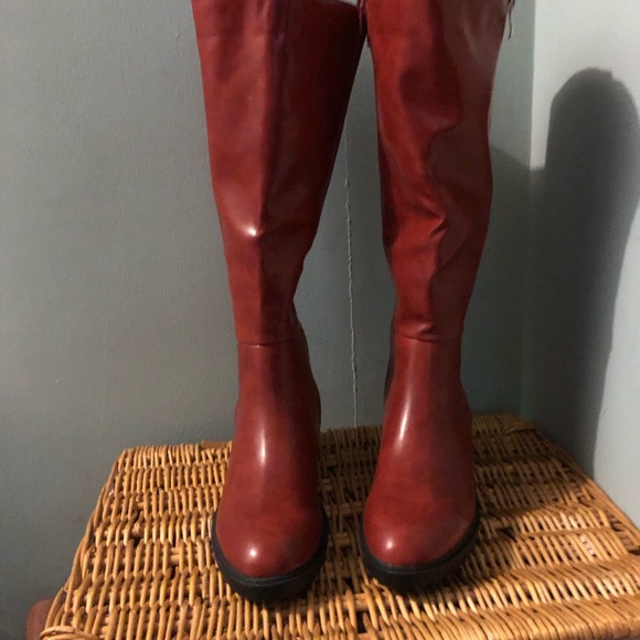 Shoes | Red Fauxleather Calf High Boots Nwot | Poshmark